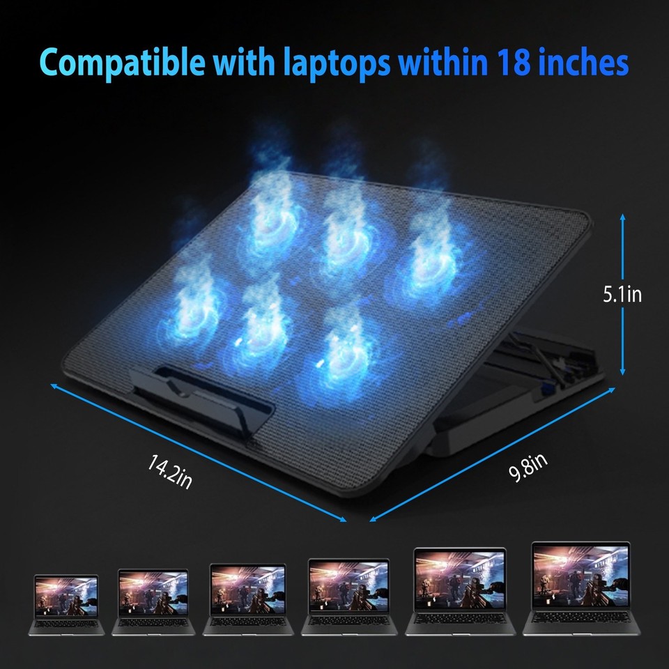 6-Fan Cooler Laptop Cooling Pad USB Stand Quiet LED Light Radiator PC ...