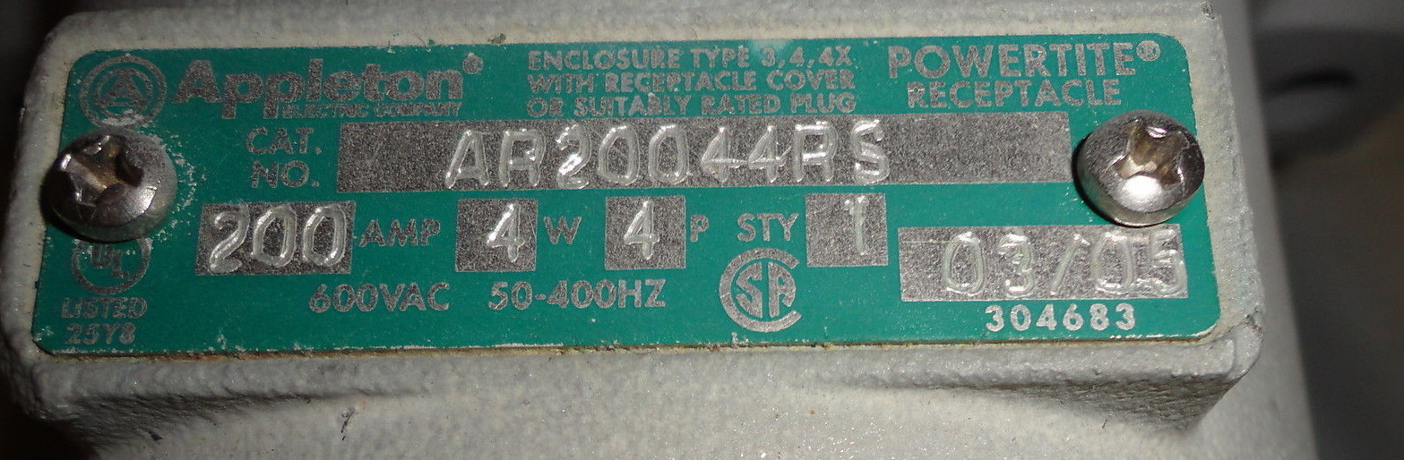Appleton Pin&Sleeve AR20044RS Inlet 200A 4W4P AR20044 RS USED | eBay