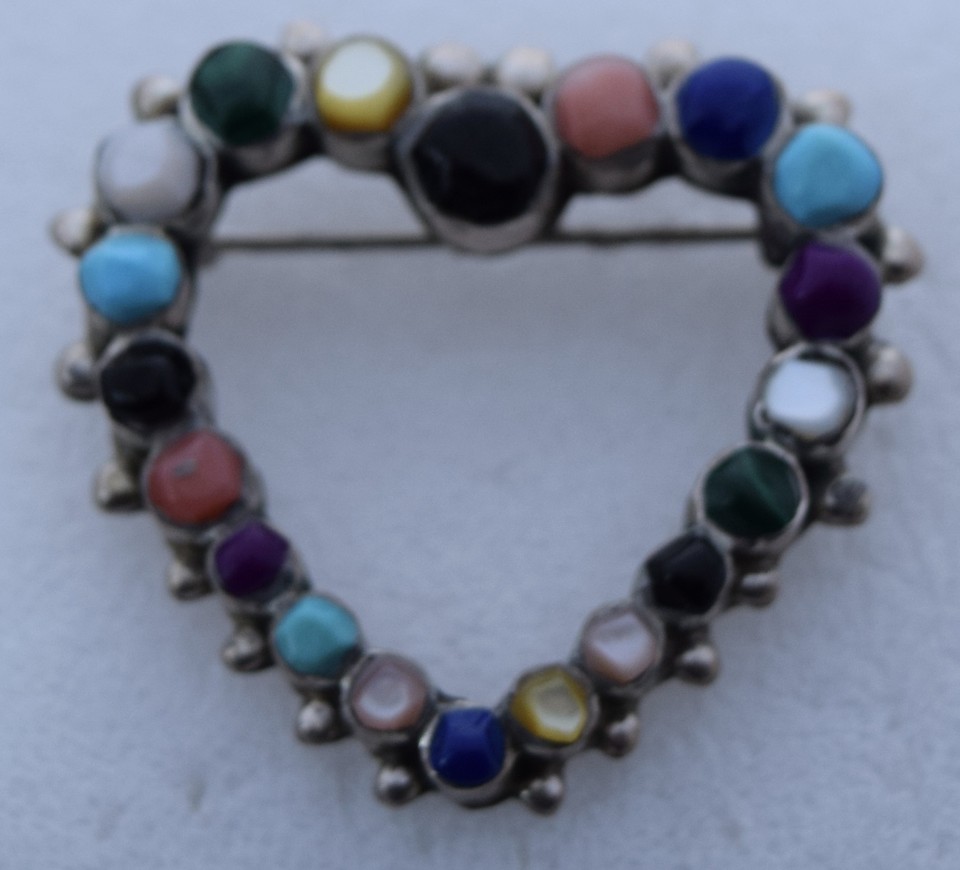 Sterling Silver Heart Pin Brooch Cluster Gemstone Southwest Design ...