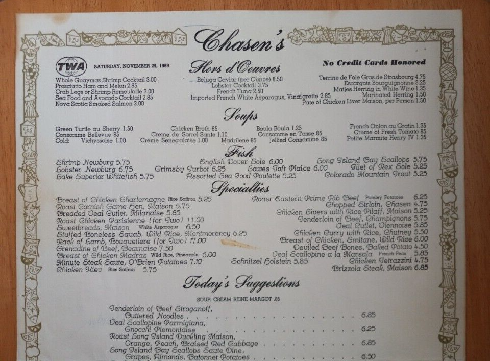 VTG 1969 Legendary Old Hollywood Chasen's TWA Restaurant Saturday ...