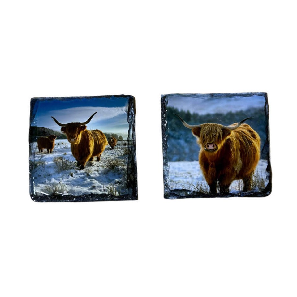 Highland Cow Slate Coaster Set – Natural Stone Drink Coasters Rustic ...