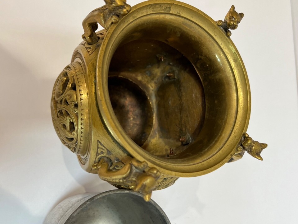 antique Chinese gilt bronze incense burner or container carved dragons ...