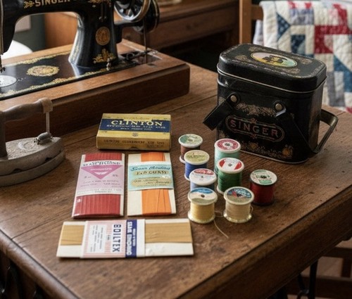 Vintage Sewing Lot in Metal Singer Tin – Thread, Seam Binding, Silk ...