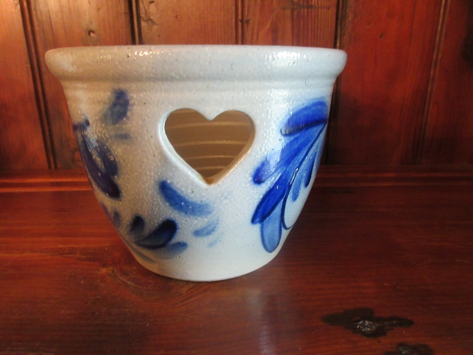 David Eldreth Pottery 2005 Salt Glazed Heart Cutout Floral Crock Candle ...