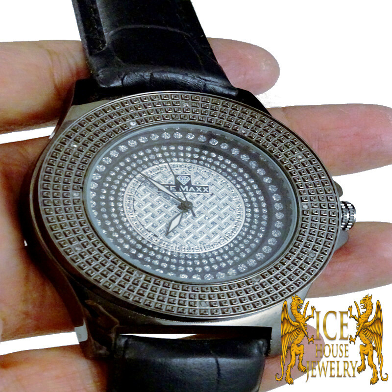 New Men Genuine Real Diamond 0.12 CTW Full Illusion Ice Maxx Leather ...