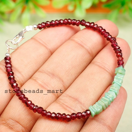 925 Sterling Silver Chrysoprase+Pink Mozambique Garnet Beaded Bracelet ...