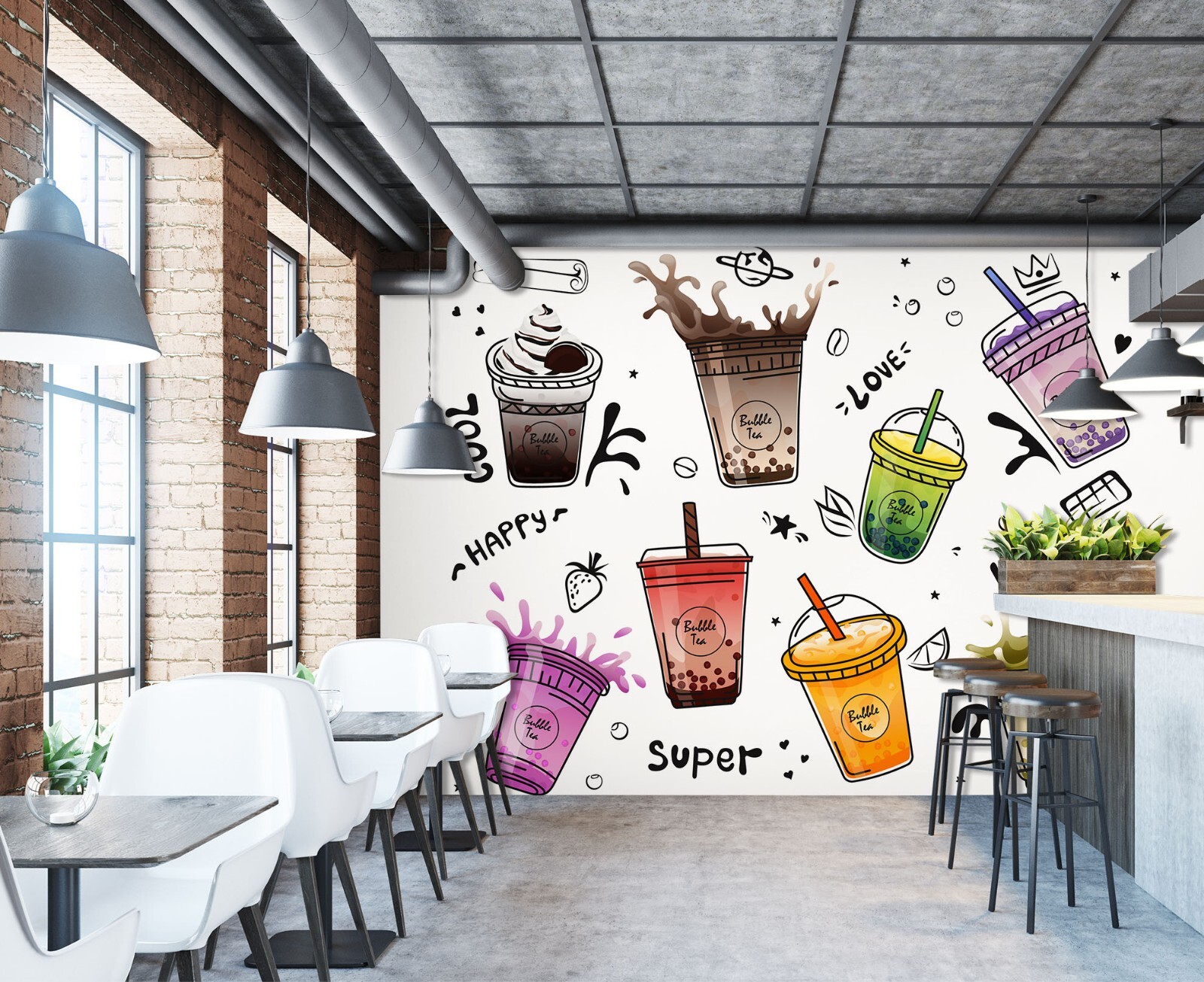 3D Bubble Tea B332 Pearl Tea Milk Tea Shop Wallpaper Wall Murals Self ...