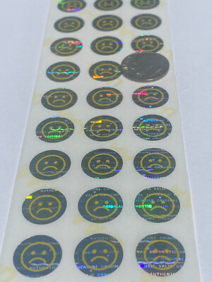 100 SAD FACE-.50 INCH ROUND HOLOGRAM STICKERS 4 TICKET SECURITY ...