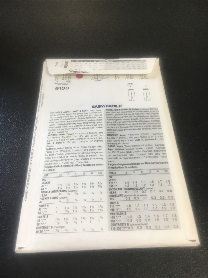 New Unused Uncut Vogue for Me Sewing Pattern 9108 Child's Jacket, Skirt ...