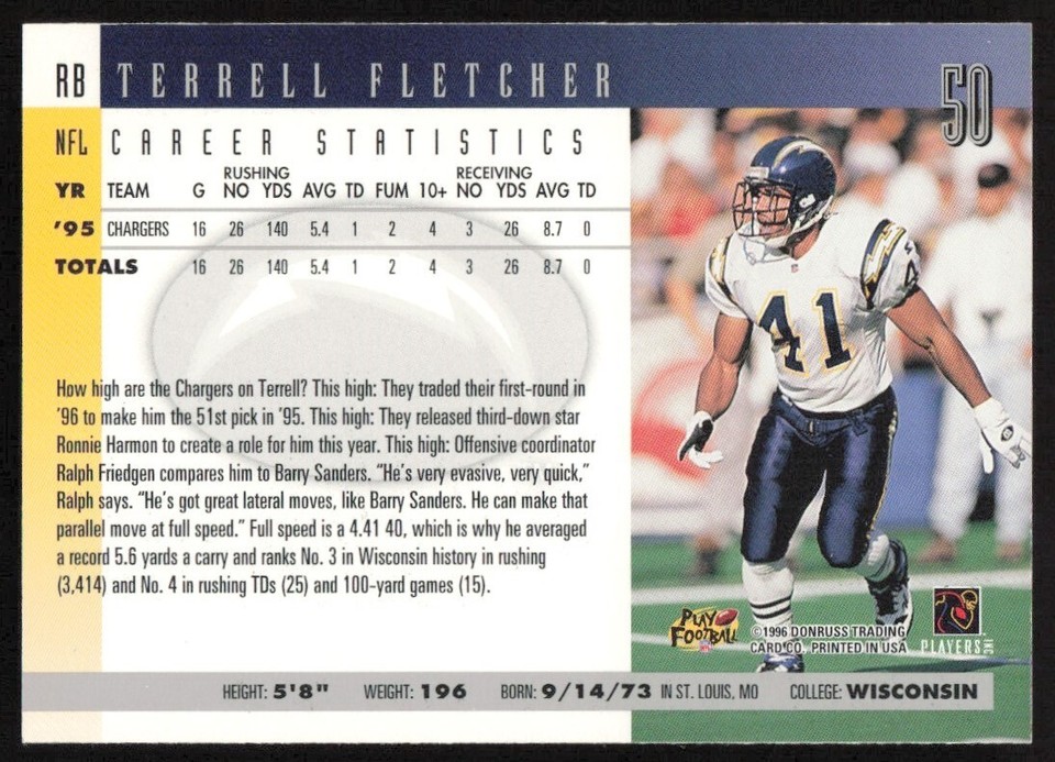 1996 Donruss Football Terrell Fletcher #50 San Diego Chargers | eBay