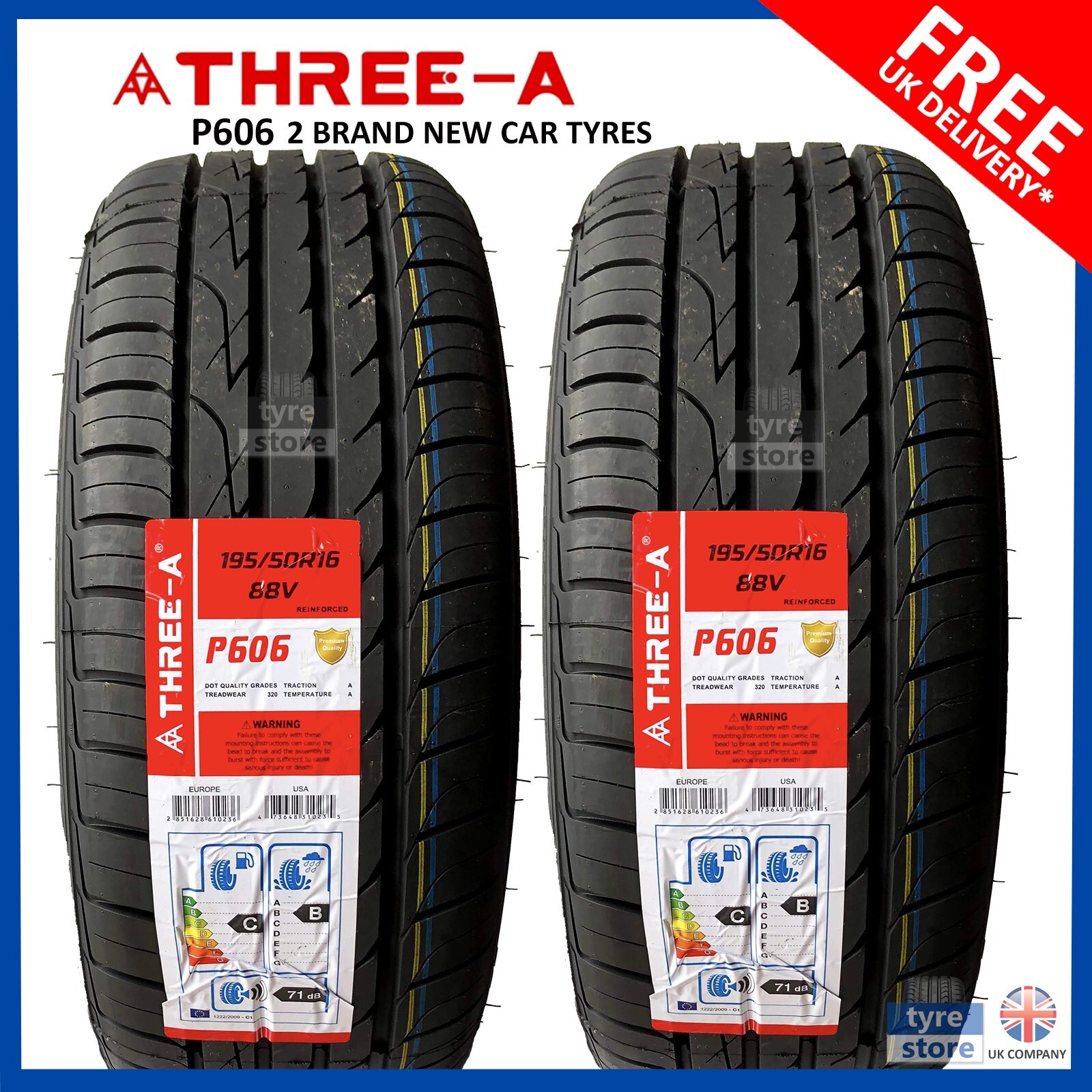 2X New 195 50 16 THREE-A P606 88V XL 195/50R16 1955016 *B WET GRIP* (2 ...
