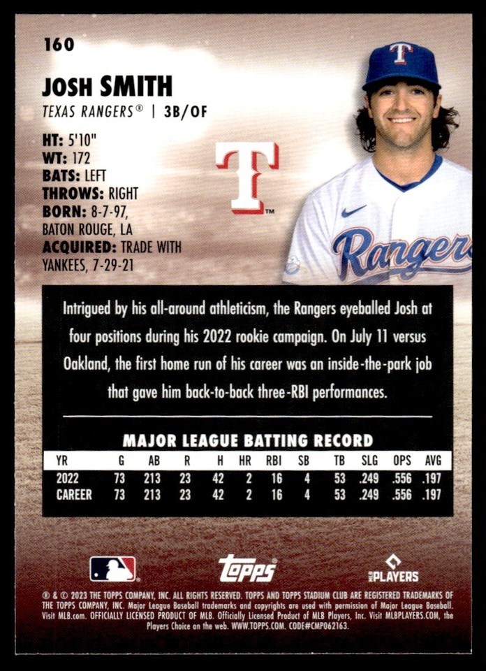 2023 Topps Stadium Club Josh Smith Rookie Texas Rangers #160 | eBay