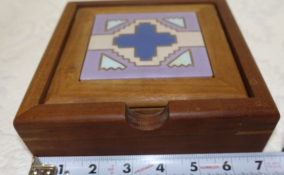 Handmade Wood & Ceramic Tile Southwest Storage Box Purple Blue Cross ...