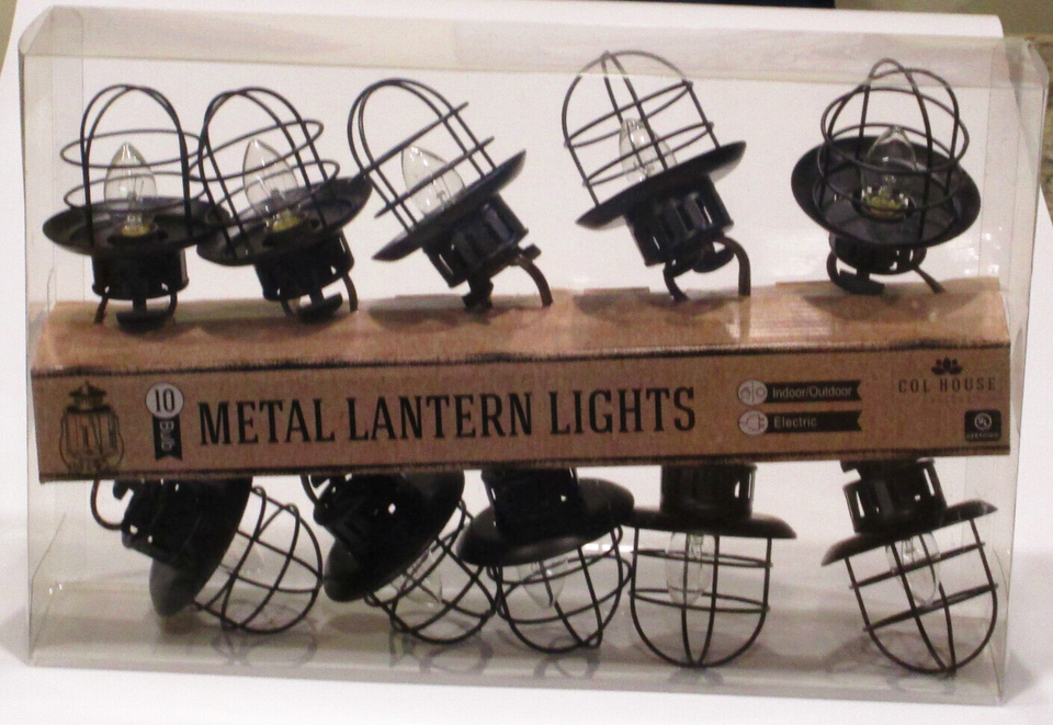 Black Metal Lantern String Lights 10 Bulbs in Wire Cage Housing | eBay