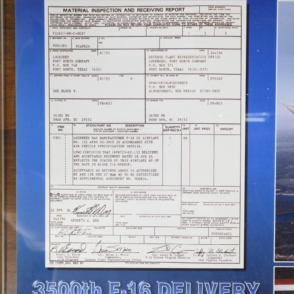 Vintage LOCKHEED MARTIN wooden plaque for the 3500th Delivery F-16 ...