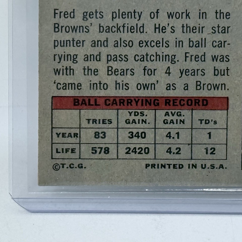 Fred Morrison 1957 Topps Football Card Cleveland Browns Back Excellent ...