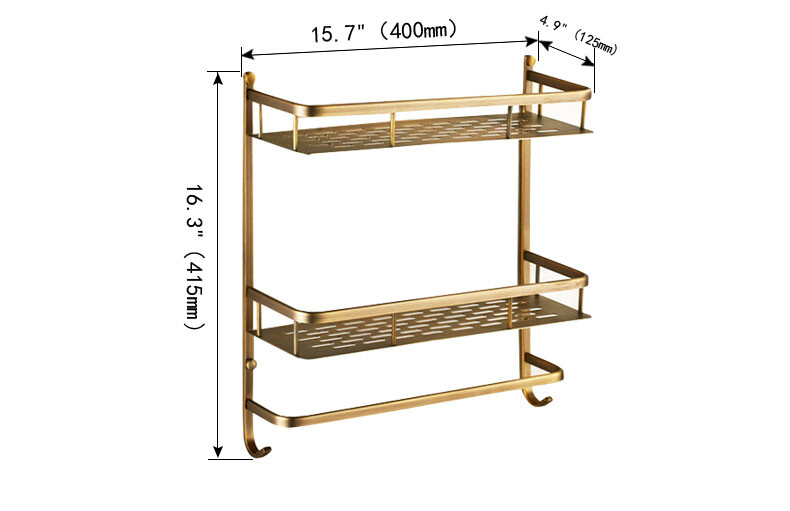 Antique Brass Wall Mounted Two-tier Bathroom Storage Rack with Hooks ...