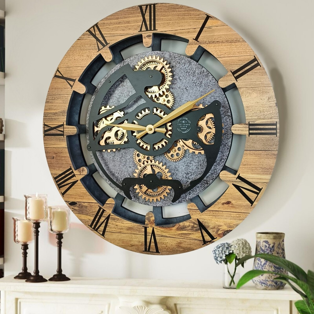 Rustic Gears Wall Clock Rune Square Rustic Gold SIlver Mirrored Moving