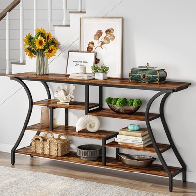 71" Rustic Wood Metal Console Table with Storage Shelf, 4 Tier Narrow ...