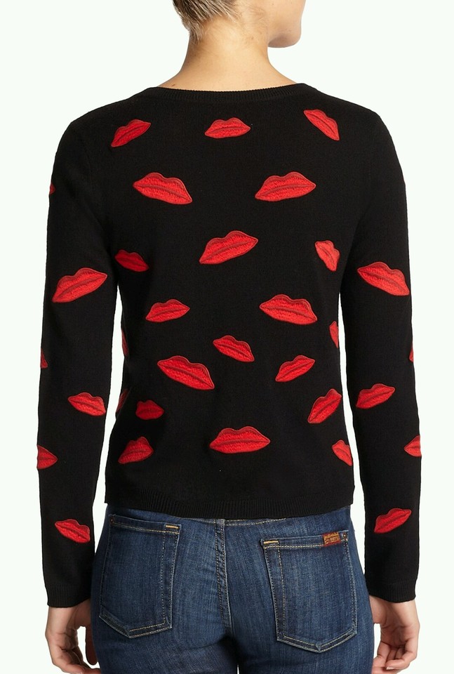 Alice + Olivia Pout Embroidered Lips Sweater Cardigan Wool Knit Top ...