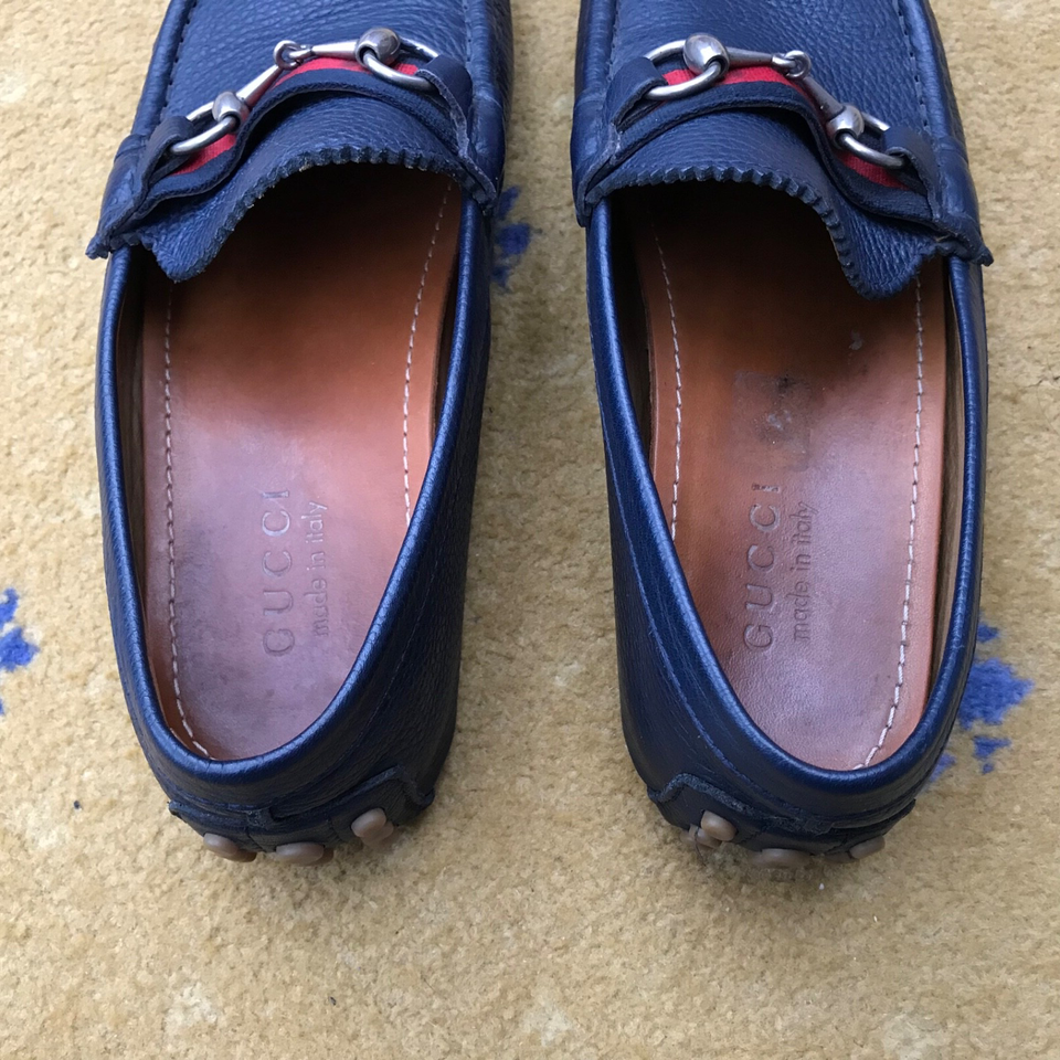 Gucci Loafers Shoes Drivers Leather Horsebit Web Blue Red Mens US 9 UK ...