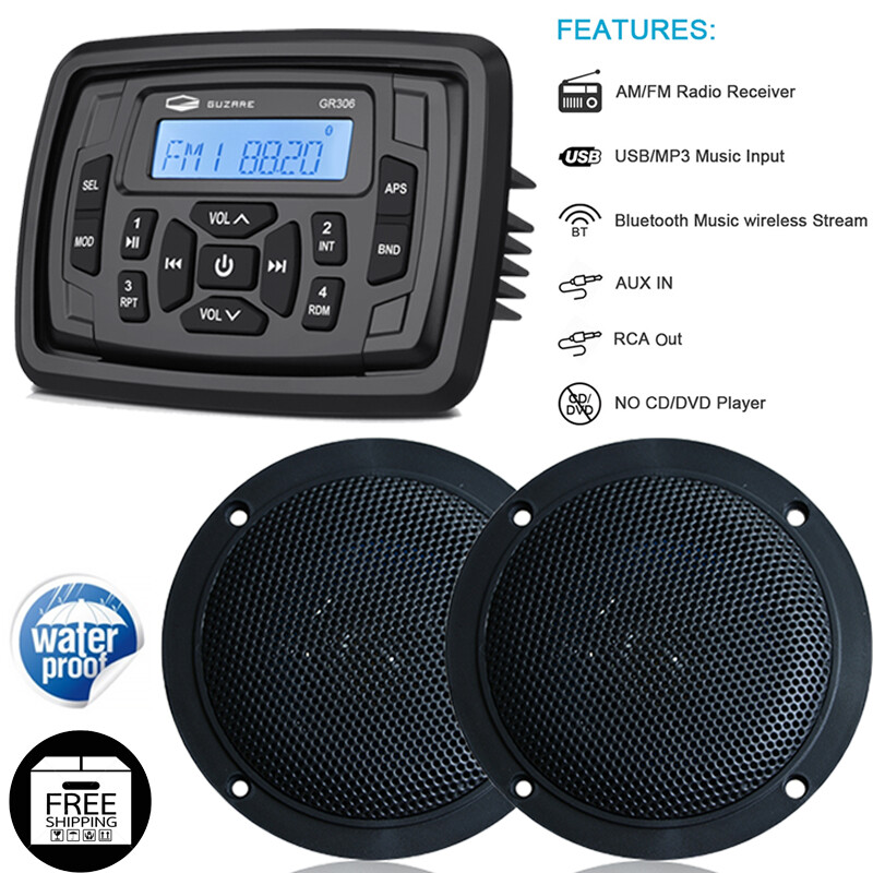 Marine Radio Boat Audio Package w/ Waterproof Stereo Speaker and FM AM ...