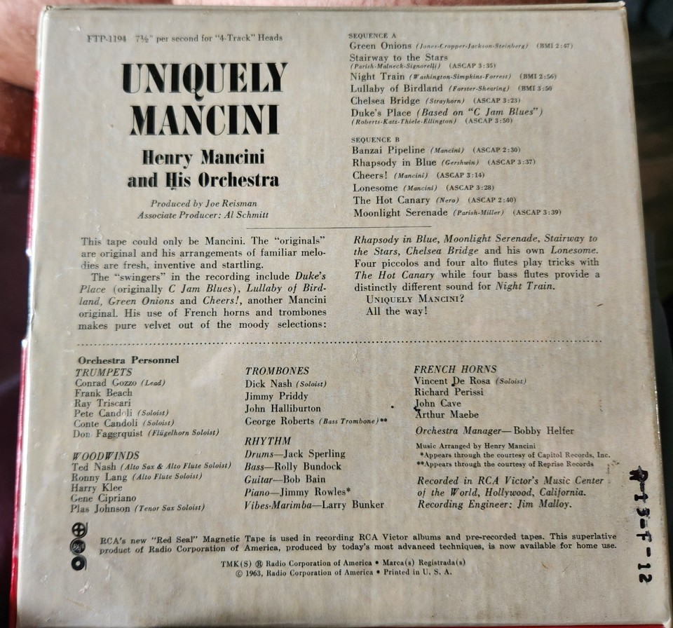 Uniquely Mancini Henry Mancini Reel to Reel Tape FTP 1194 7.5 IPS ...