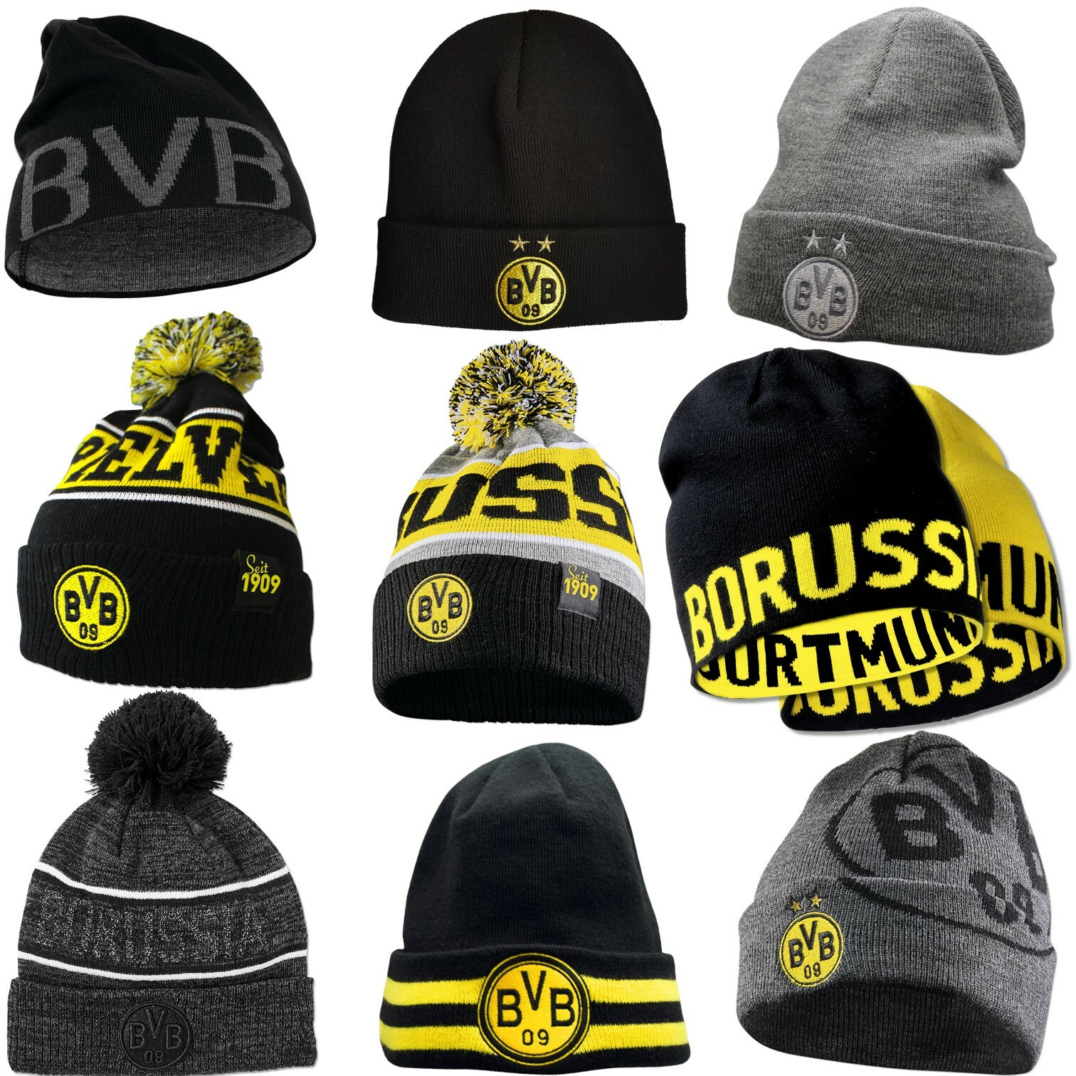 BVB Mütze Borussia Dortmund Beanie Wendemütze Bommelmütze Bommel ...