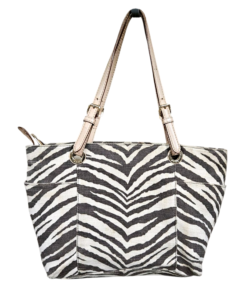 MICHAEL KORS Brown Beige ZEBRA Print Canvas GOLD Hardware Shoulder ...