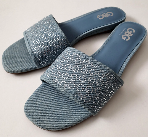 GUESS sandals Signature Rhinestone Logo Denim Slides size 7.5 10 Blue ...