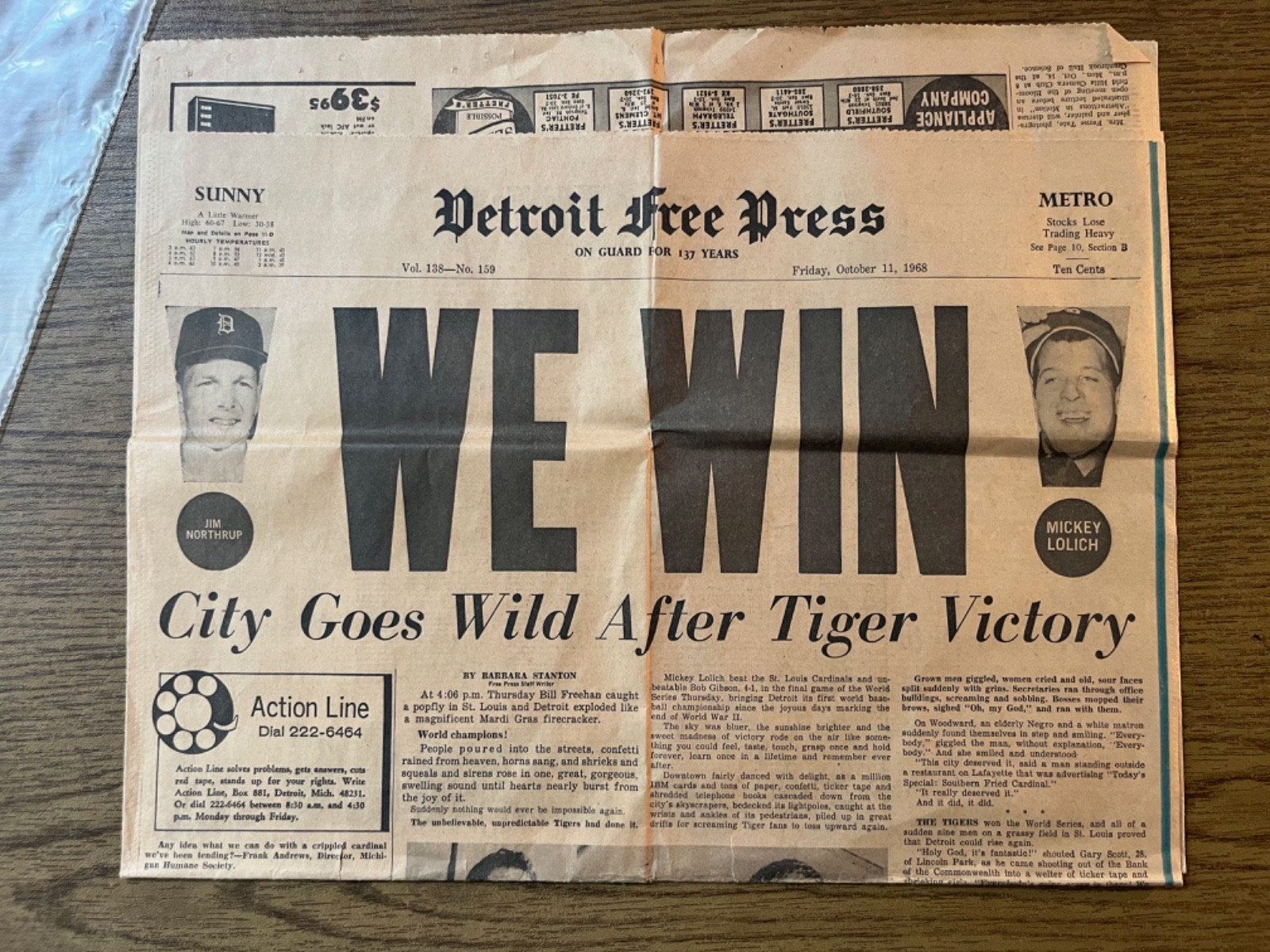 Oct 11 1968 Detroit Free Press Paper with We Win after Tiger Victory | eBay