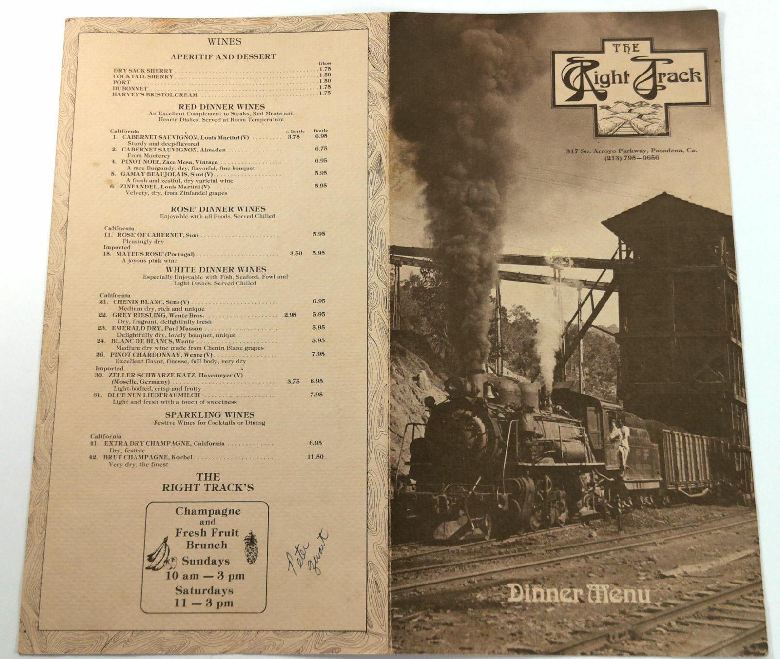 1980 Original Vintage DINNER Menu THE RIGHT TRACK Restaurant Pasadena ...
