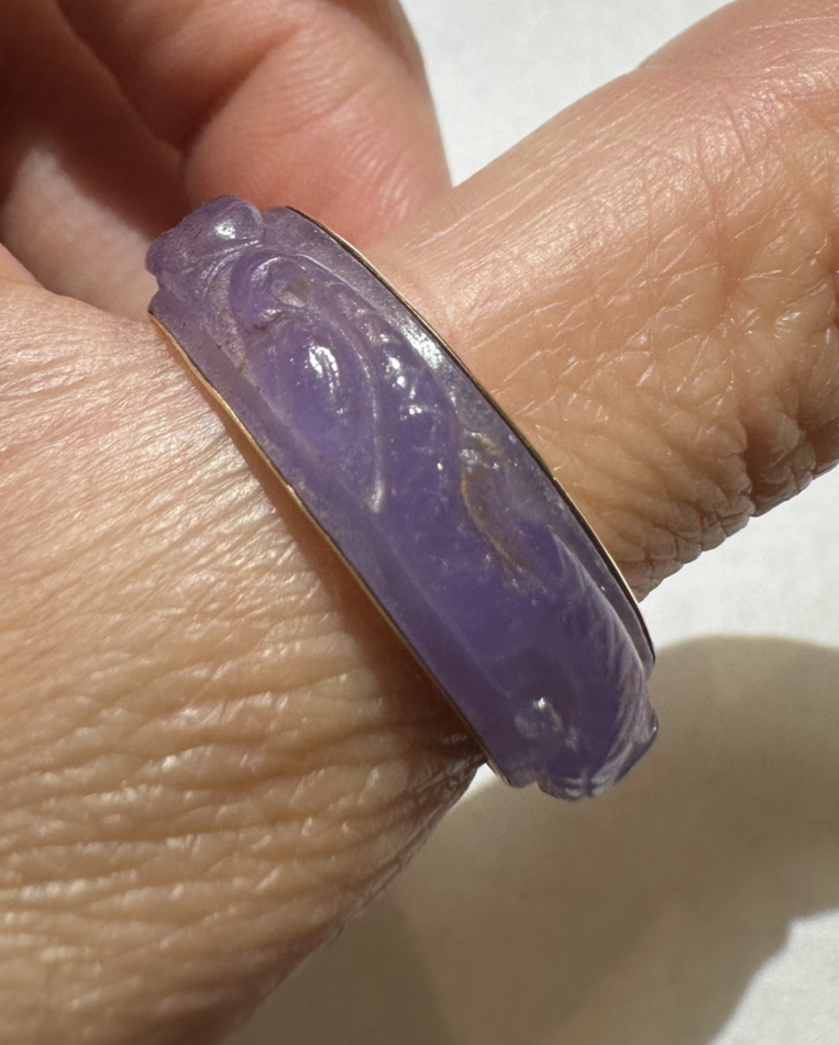 QVC Hallmarks 14k Gold Lavender Celadon Carved Jade Dragon Band Sz 11.5 ...