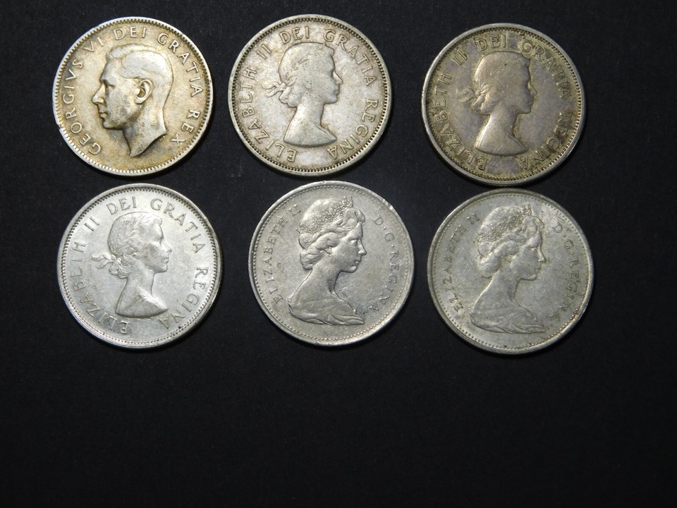 VINTAGE 6 CANADA 1949 57 60 62 68 CANADIAN SILVER QUARTERS 25 CENTS ...