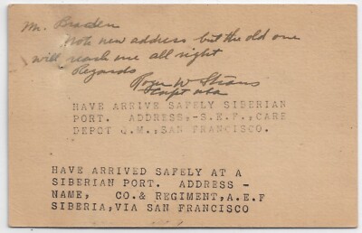 WW1: 1918 Safe Arrival Card fm Capt Roger Strans, US Army, AEF Siberia ...