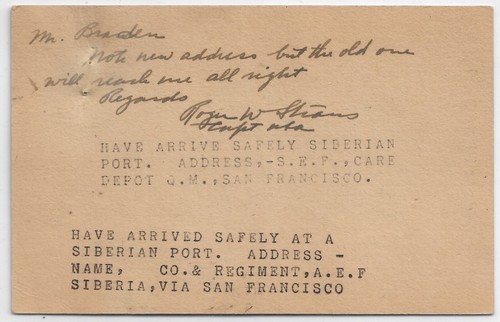 WW1: 1918 Safe Arrival Card fm Capt Roger Strans, US Army, AEF Siberia ...