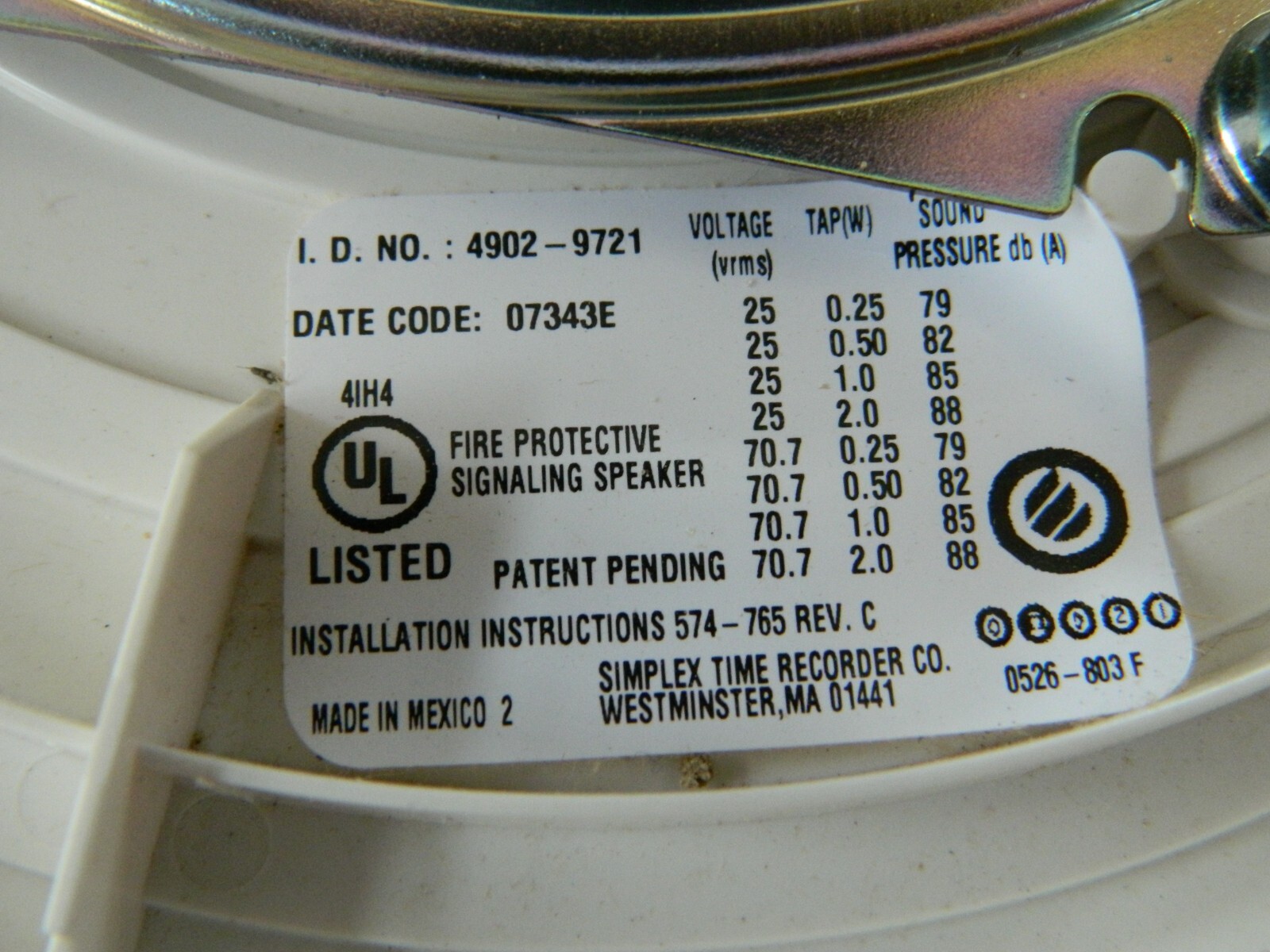 Simplex 4902-9721 25v/70vrms White Ceiling Speaker Fire Alarm 0626708 ...