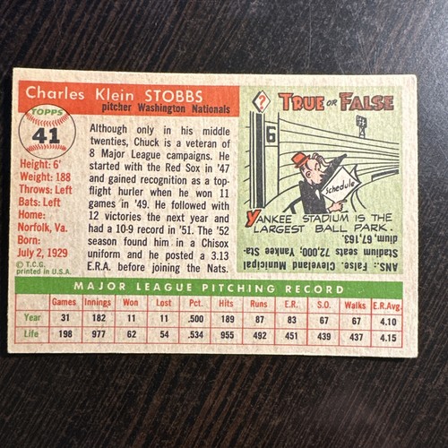 1955 TOPPS #41 CHUCK STOBBS NATIONALS VG-EX *Hot Corner Vintage* | eBay