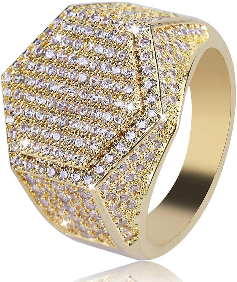 Mens Iced Out CZ Hexagon Bling Pinky Ring 18K Gold Plated Hip Hop Ring ...