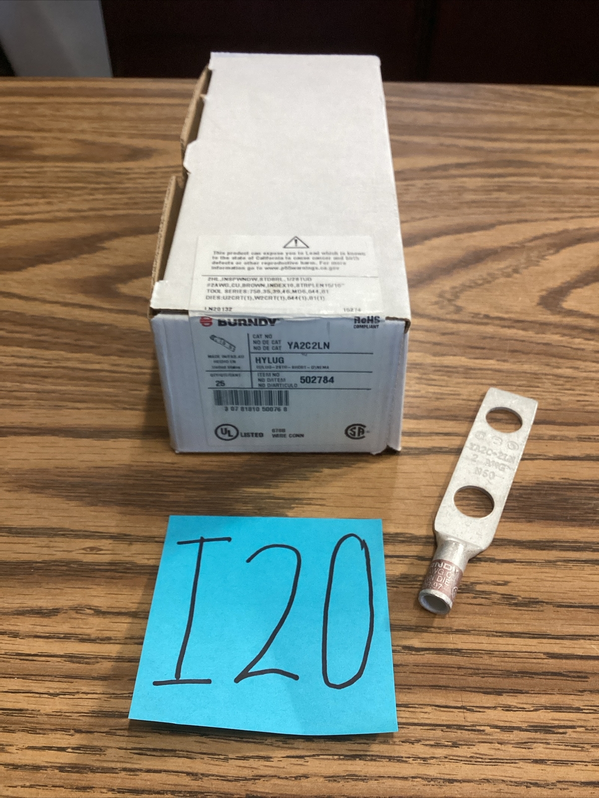 Box Of 25 Burndy YA2C2LN 2 AWG Stranded Copper 1/2" 2-Hole Compression ...