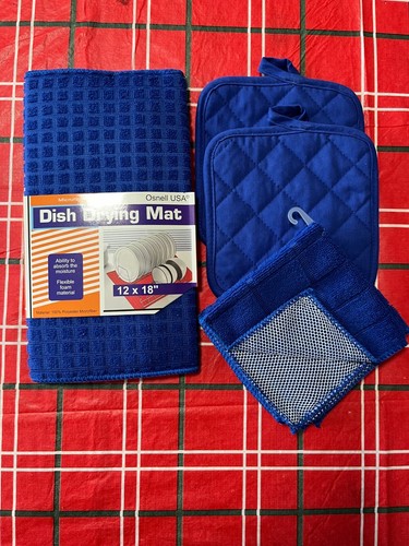 Kitchen set 5 PCS. Drying Matt, Pot Holders, Scrubbers. BLUE | eBay
