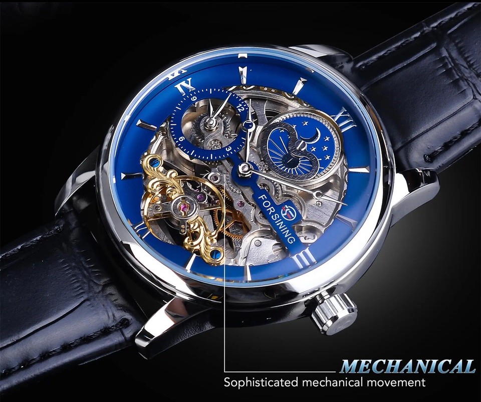 Forsining Skeleton Moon Dial Watch Mens Dual Time Zone Automatic Watch ...