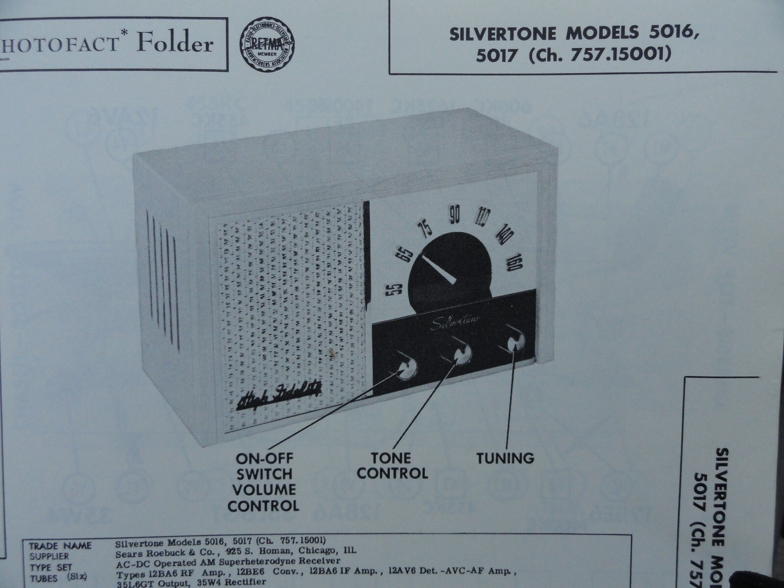 Vintage Sams Photofact Manual SILVERTONE MODELS 5016, 5017, (CH. 757. ...