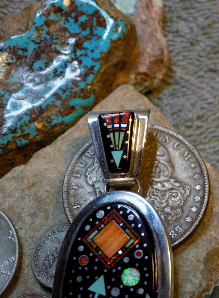 New Sterling Silver Kingman Turquoise Micro-Inlay Pendant by Navajo ...