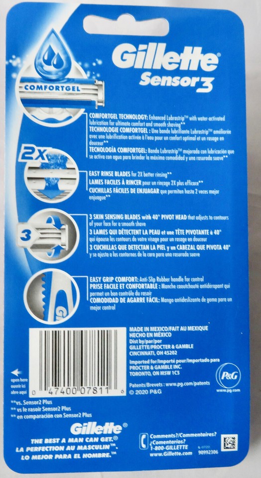 4 Pack Gillette Sensor3 Smooth Shave Disposable Razor Blue Pivot Head ...