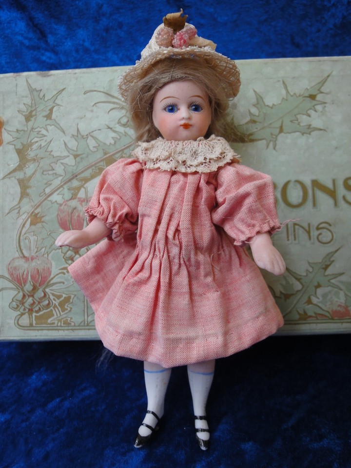Antique doll French mignonette doll closed mouth lovely dress and hat ...