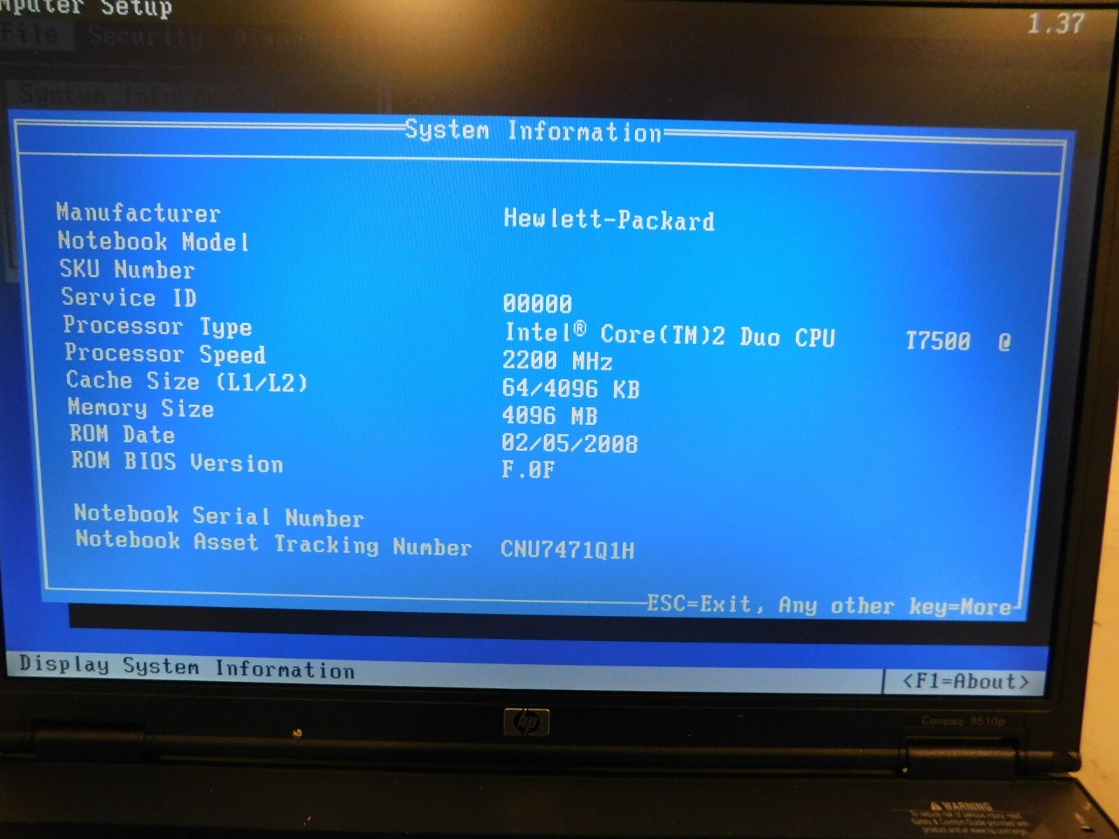 HP Compaq 8510p 15" Intel Core 2 Duo T7500 2.2GHz 4 GB Laptop Boots to ...