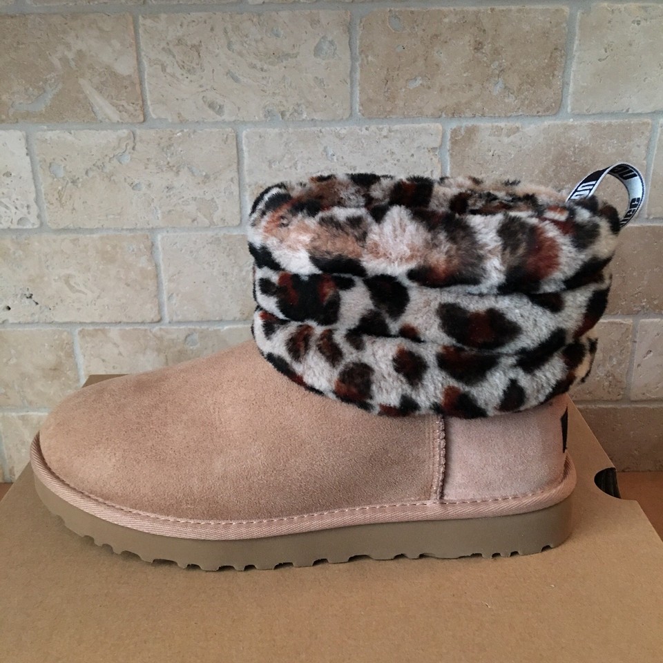 UGG Fluff Mini Quilted Leopard Cuff Suede Sheepskin Ankle Boots Size US ...