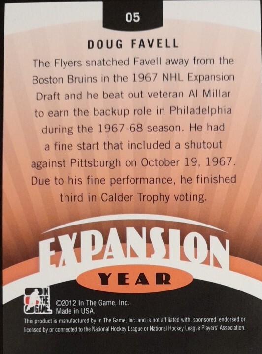 2012 ITG Broad Street Boys Doug Favell Expansion Year #05 Hockey Card ...