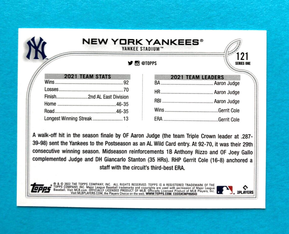 Aaron Judge 2022 Topps Series One Yankee Stadium card #121 New York ...